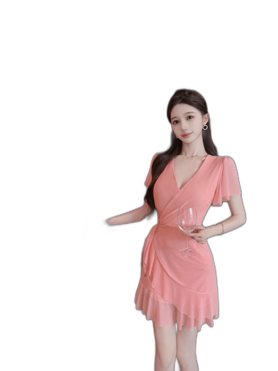 Chic Temperament Ruffled Short Sleeved V Neck Light Mature Style Tight Fitting Butt Hugging Sexy