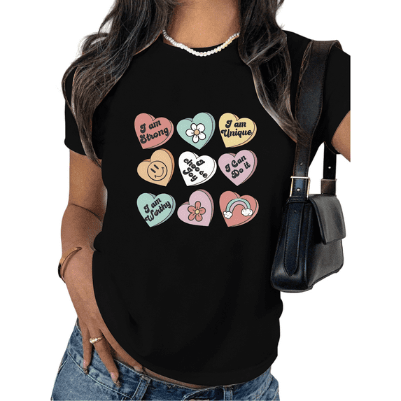 Chic Valentine's Day Black Graphic Tees Print Tshirt Shirts S ...