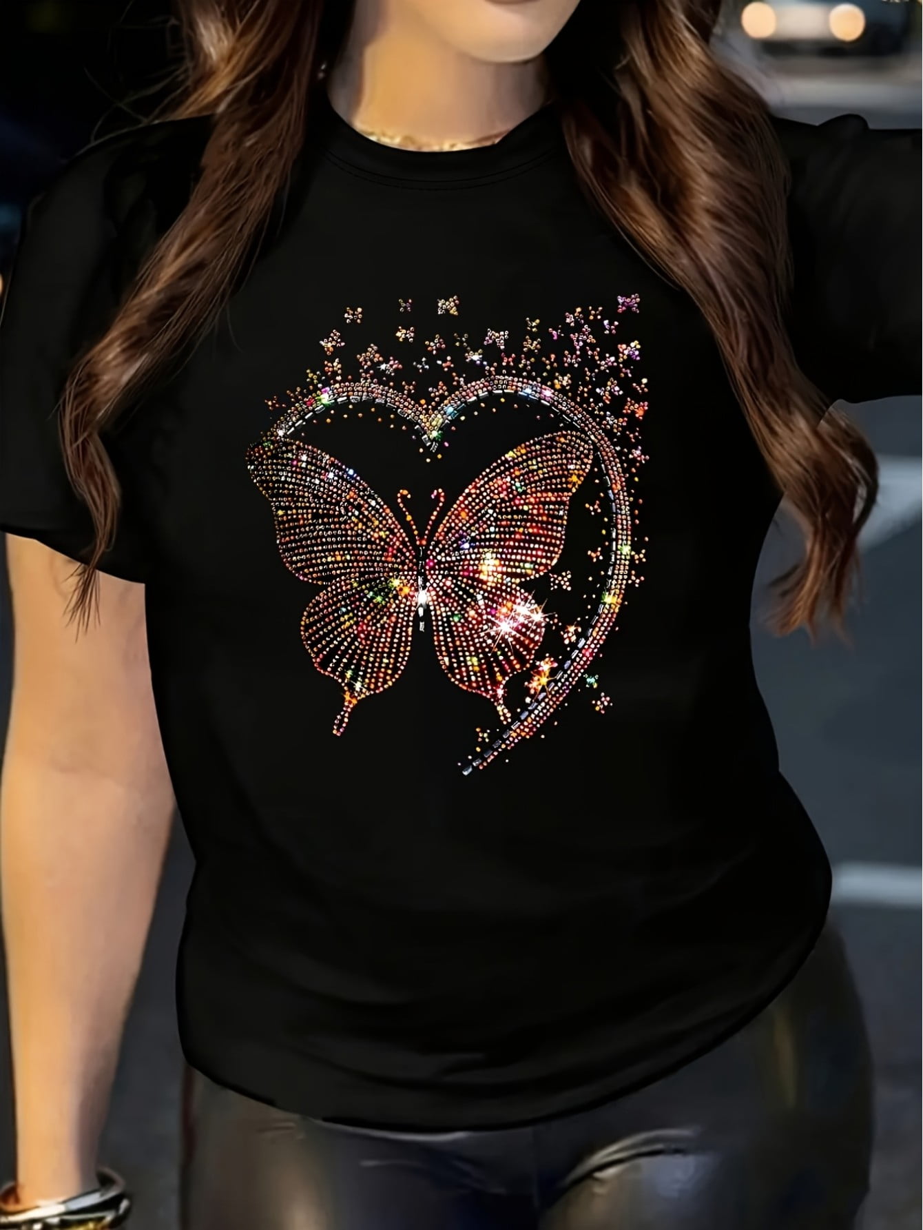 Chic Valentine's Day Butterfly Heart Print Casual T-Shirt for Women - Soft Polyester, Crew Neck ...