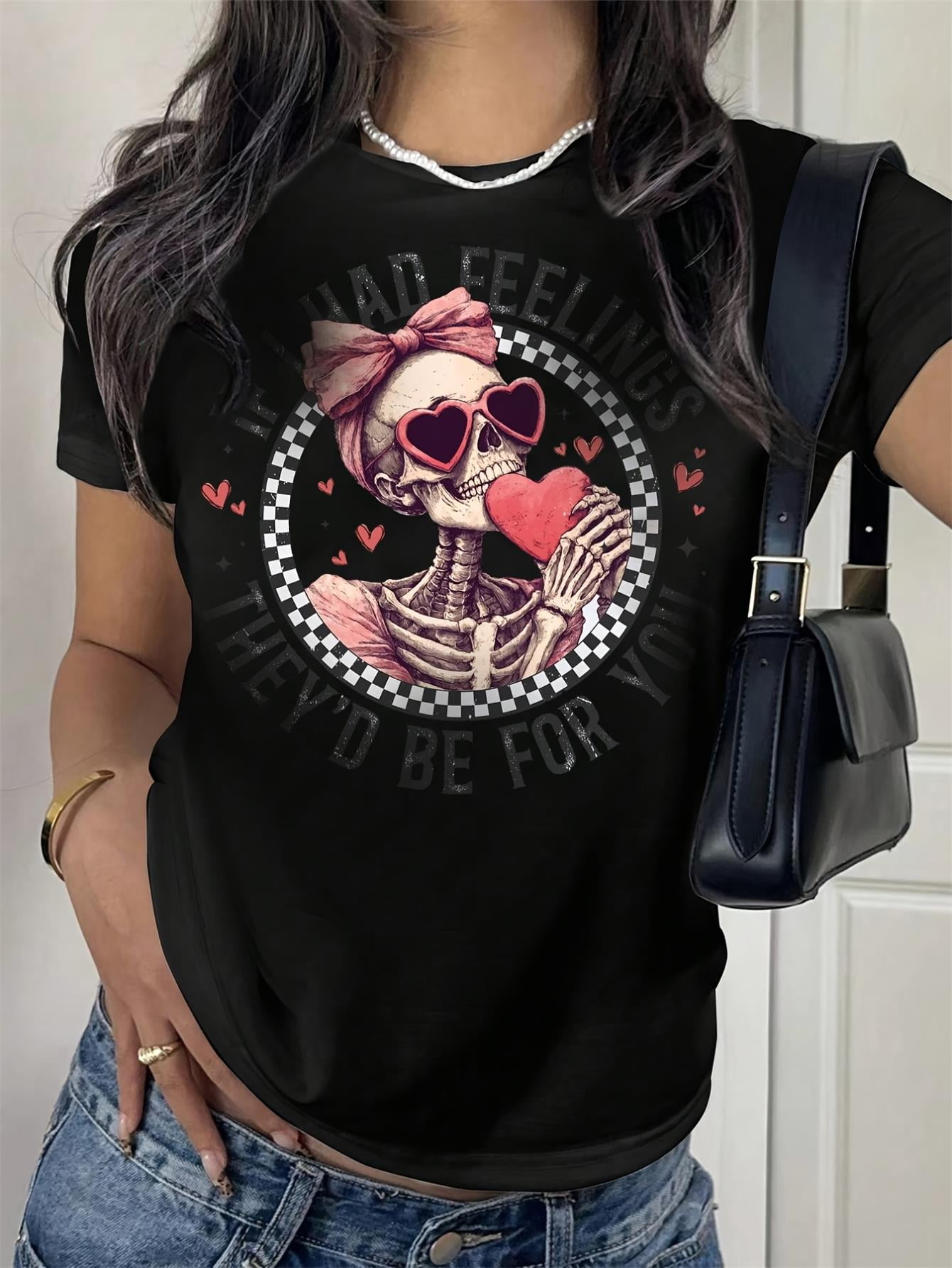 Chic Valentine's Day T-Shirt with Cute Cartoon Bow and Slogan Print ...
