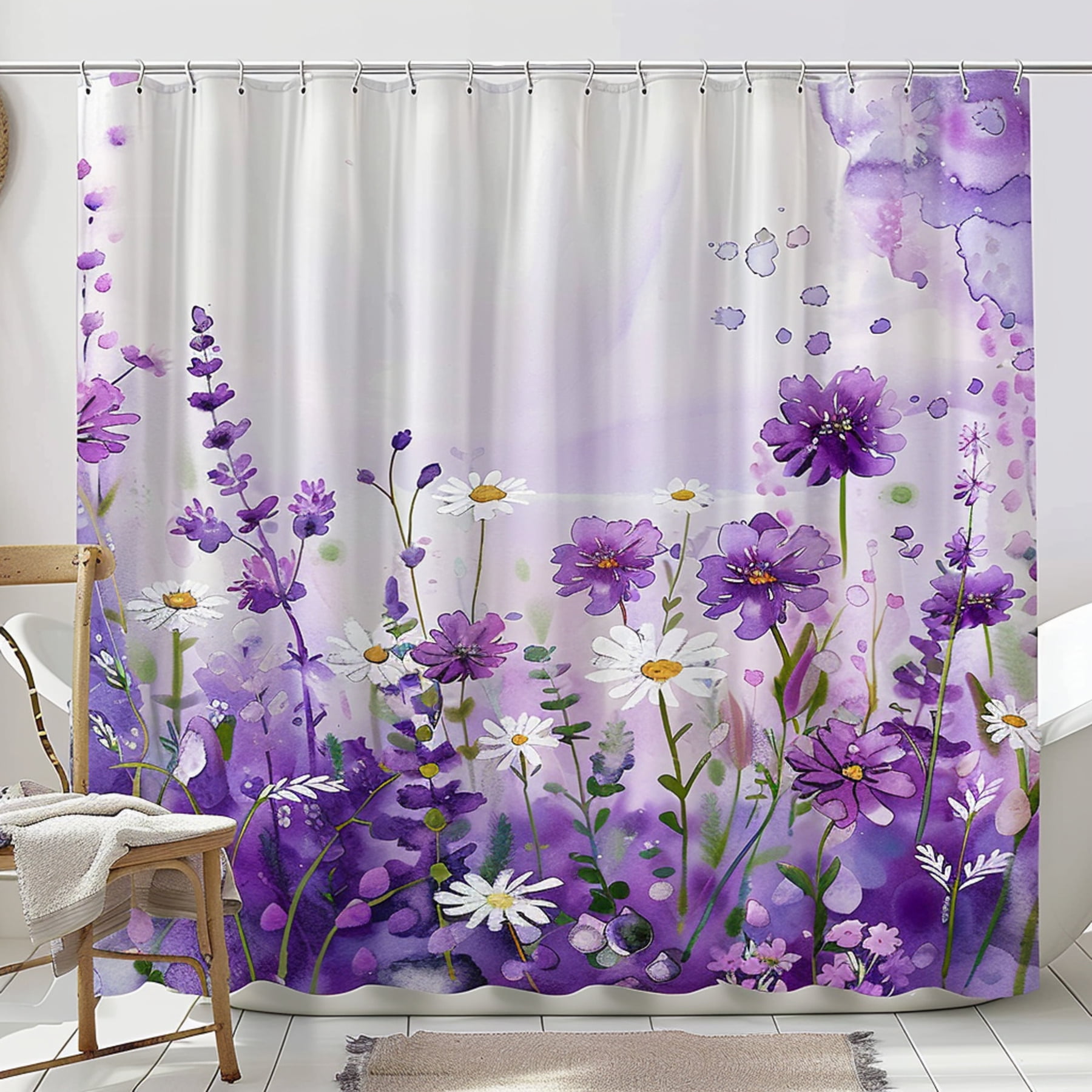 Chic Watercolor Floral Shower Curtain Purple Daisies And Lavender