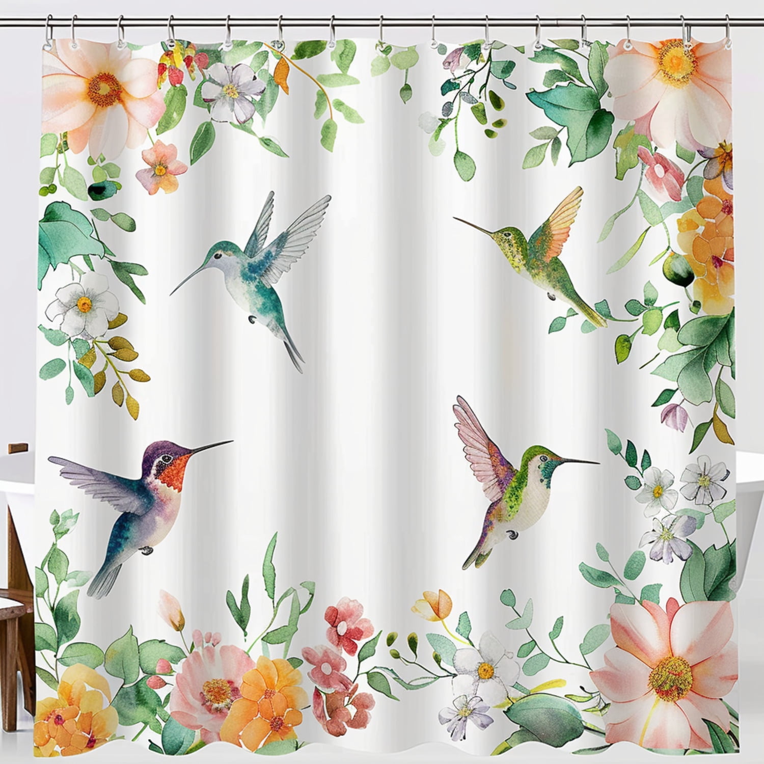 Chic Watercolor Hummingbird and Floral Shower Curtain Elegant Nature ...