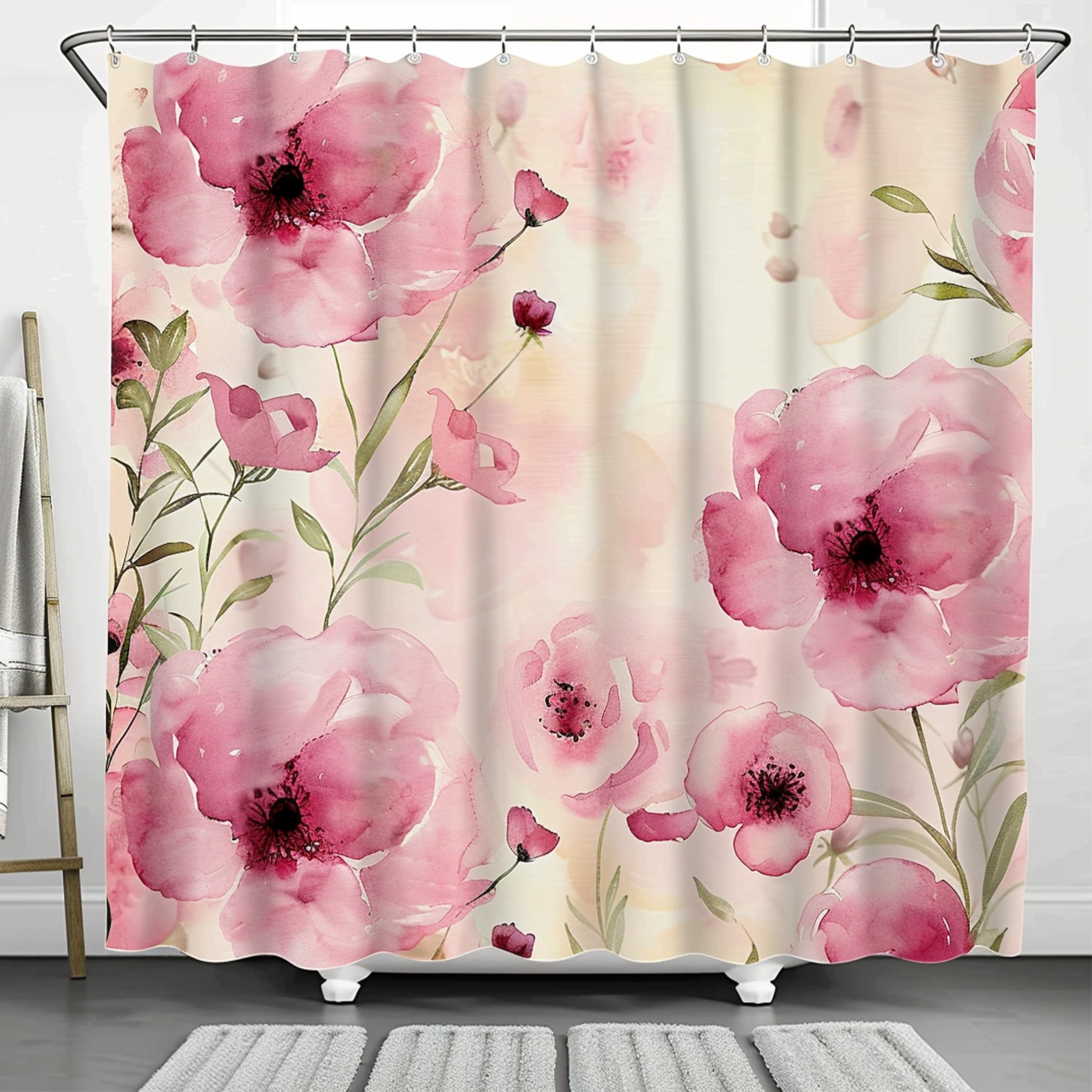 Chic Watercolor Pink Floral Shower Curtain Set Beige Background