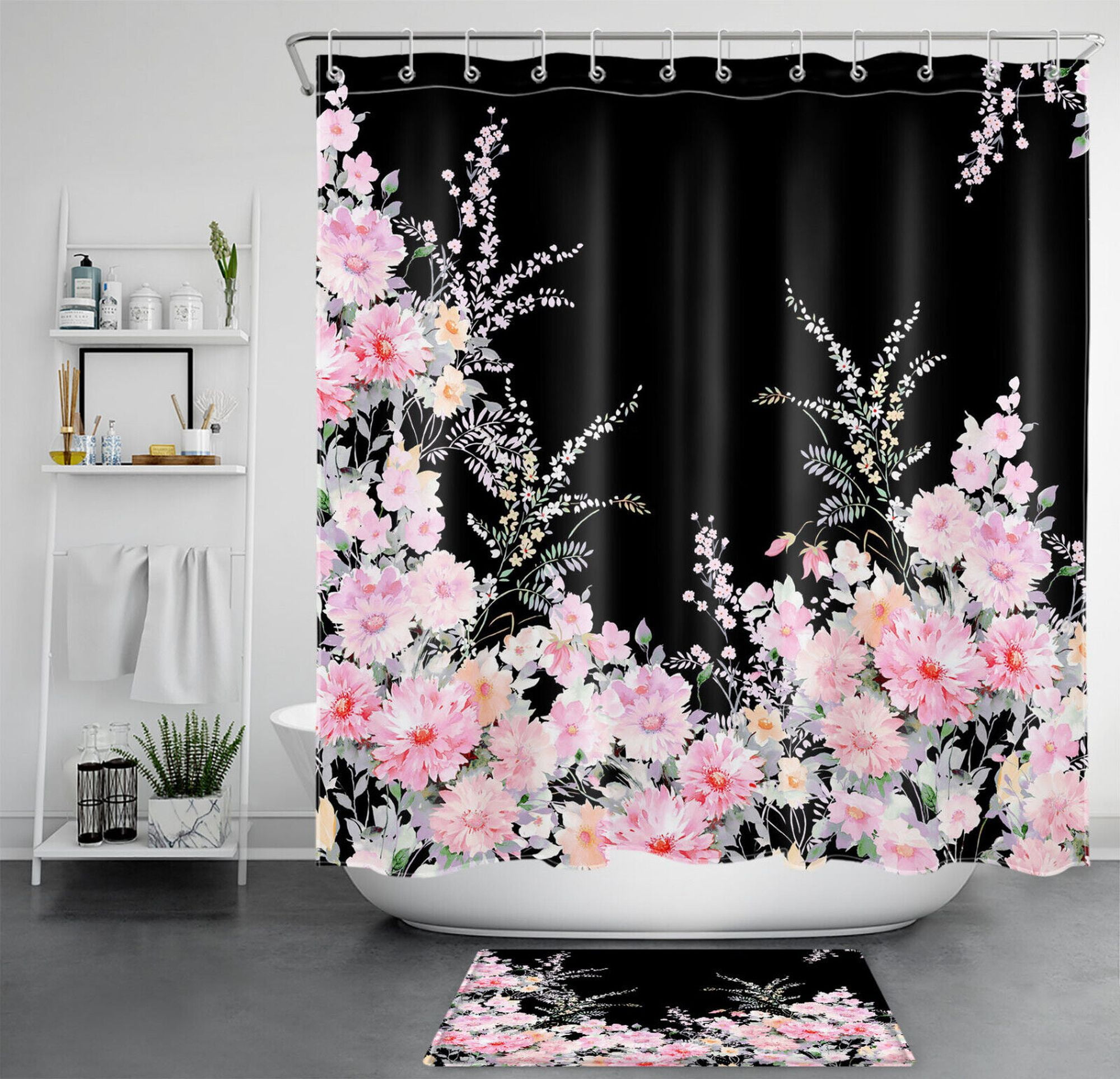 Chic Watercolor Pink Floral Shower Curtain Set Elevate Your Bathroom