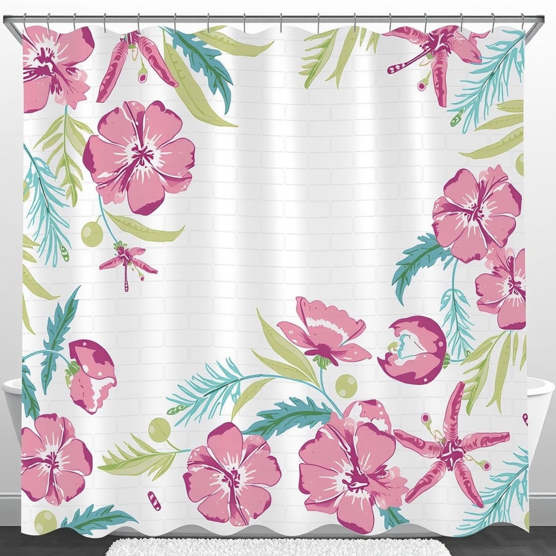 Chic White Brick Pattern Shower Curtain with Pink Flowers & Watercolor ...