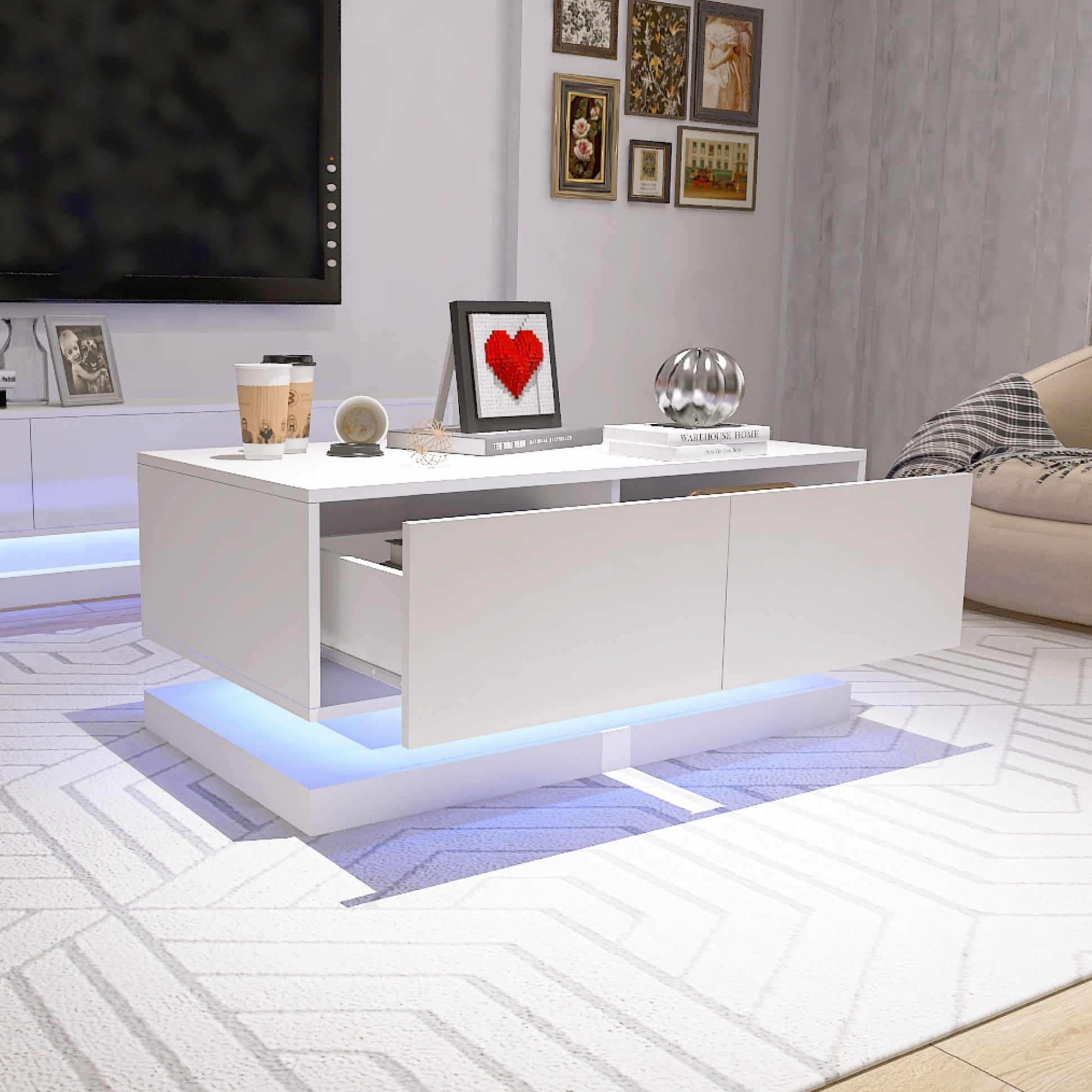 Chic White Coffee Table With Drawers, Led , And Contemporary Square ...