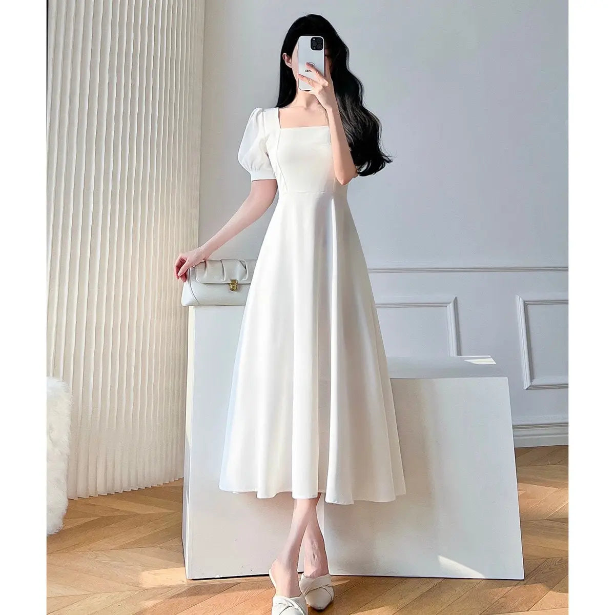 Chic White Maxi Dress Puff Sleeve Square Collar Dress for Women ...
