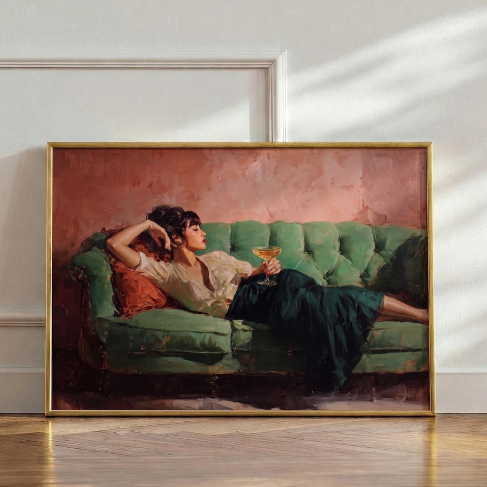 Chic Woman Lying on Green Sofa - Moody Martini Cocktail Painting ...