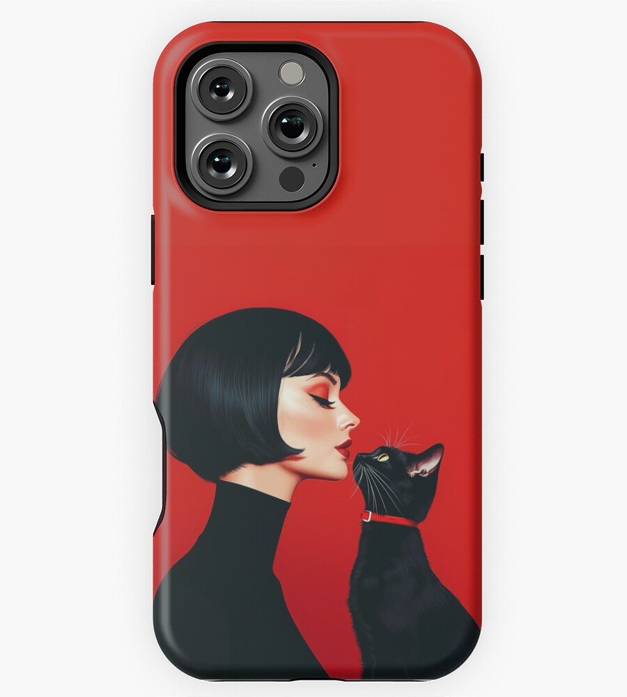 Chic Woman and Black Cat on Red Bold Minimalist Pop Art Print GA10671 ...