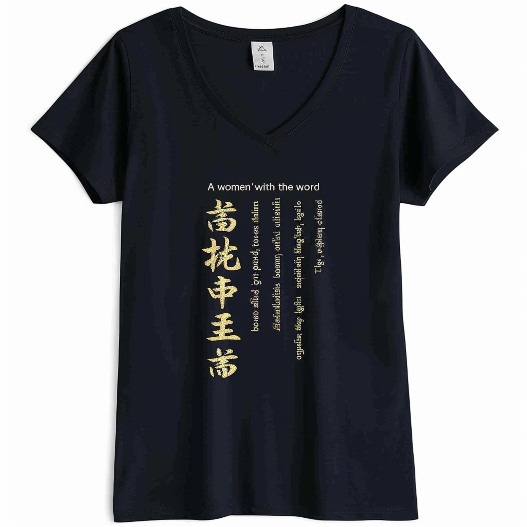 Chic Women's Black T Shirt with Gold ' query' Chinese Characters ...