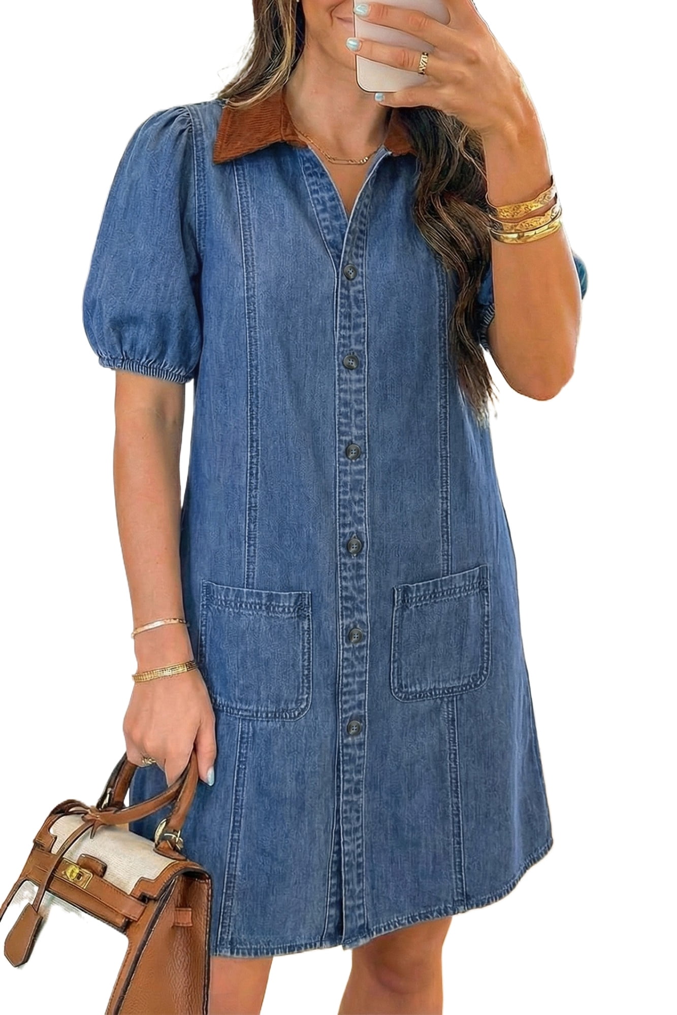 Chic Women's Denim Mini Dress – Blue Color Block, Patchwork Design ...
