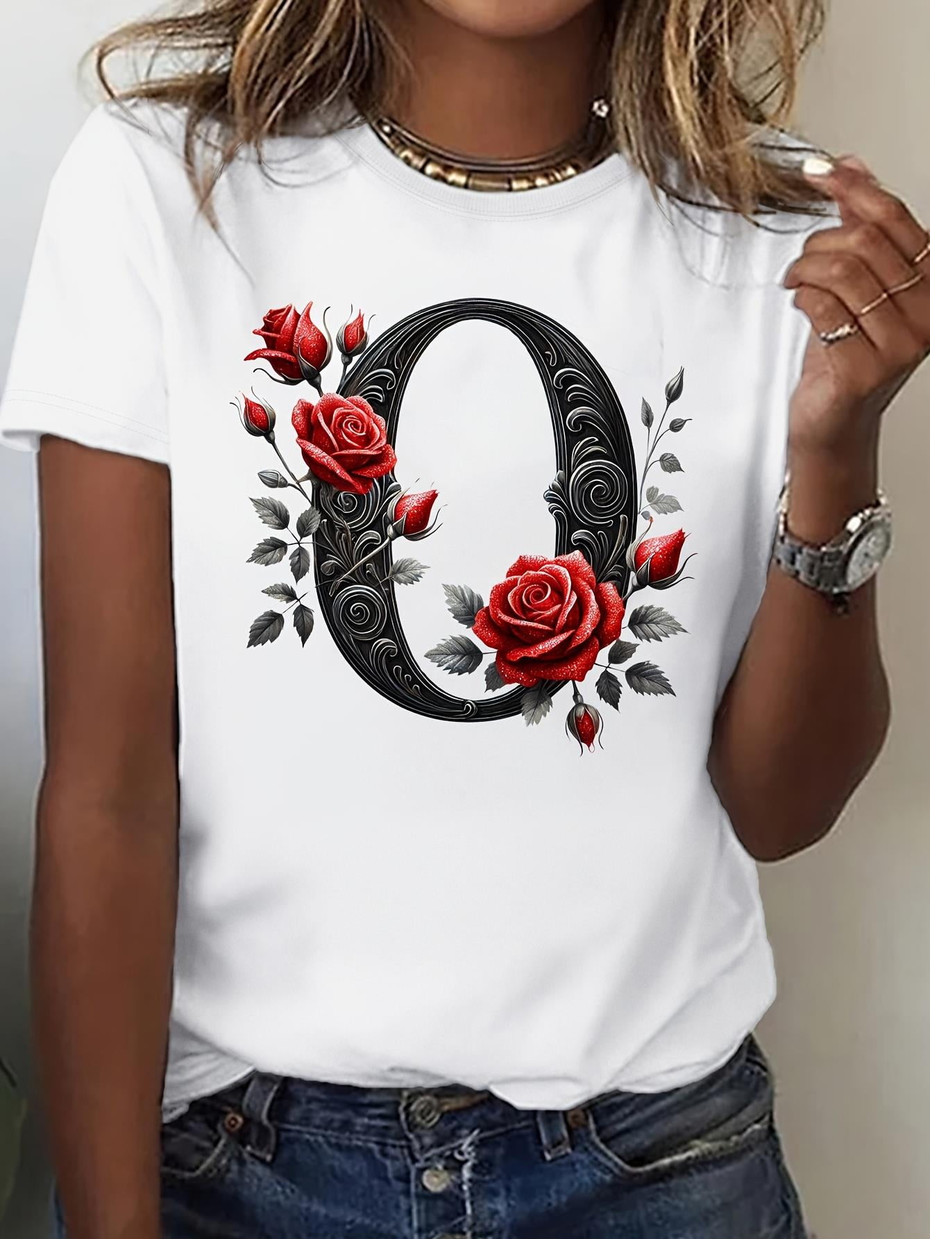 Chic Women's Tee with Valentine's Rose & 'O' Print - Soft, Breathable ...