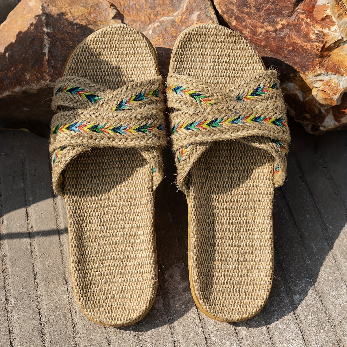 Chic Woven Straw Slides - Colorblock Design, Soft Linen Sole - Perfect ...