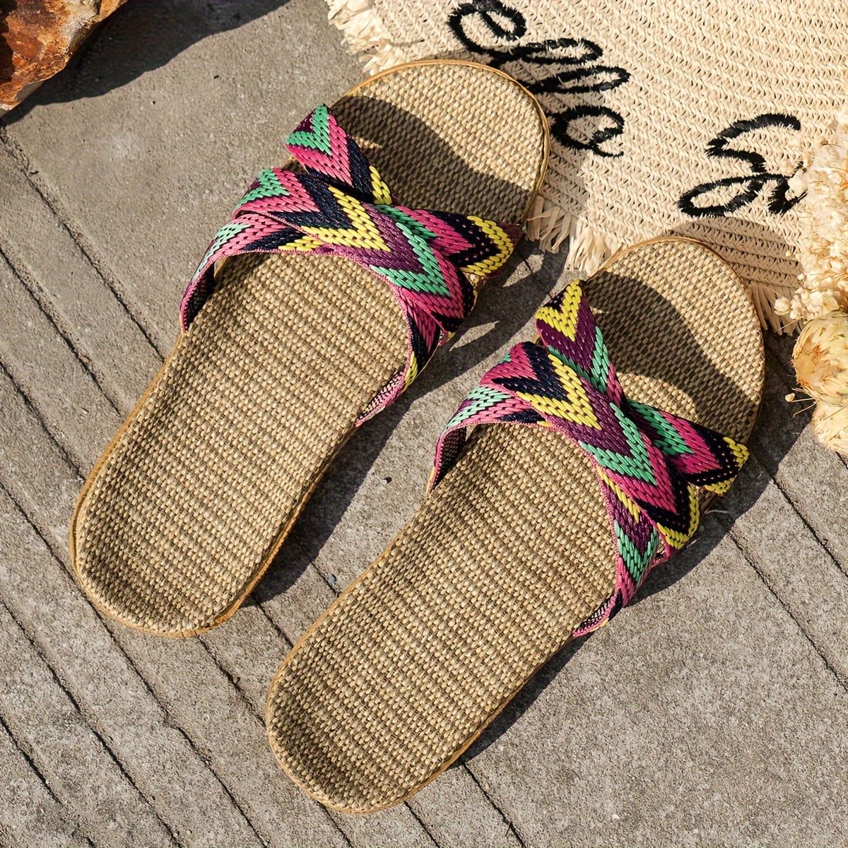 Chic Woven Straw Slides - Colorblock Design, Soft Linen Sole - Perfect ...