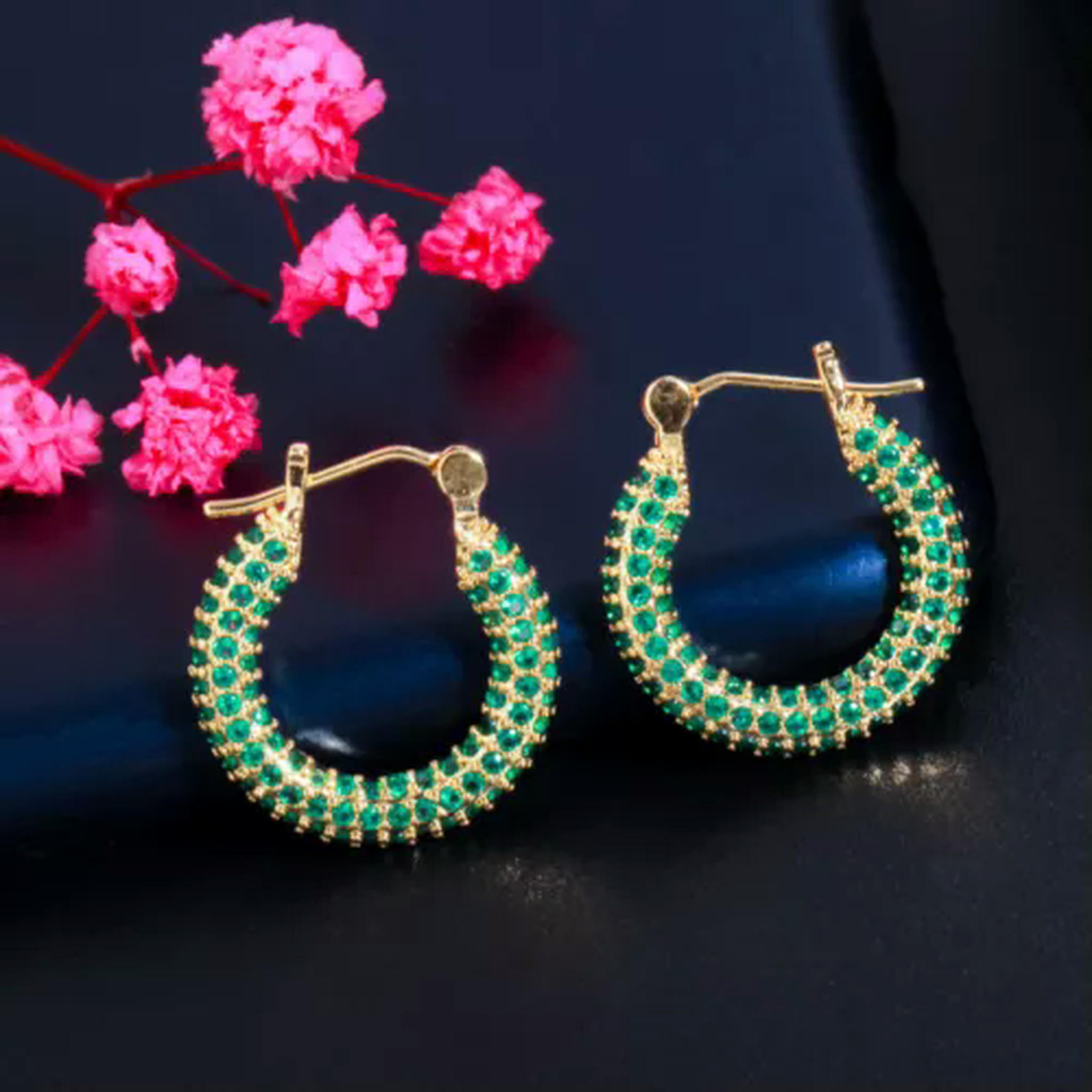 Chic Yellow Gold Pave Green Blue CZ Stone Cute Circle Hoop Earrings for ...