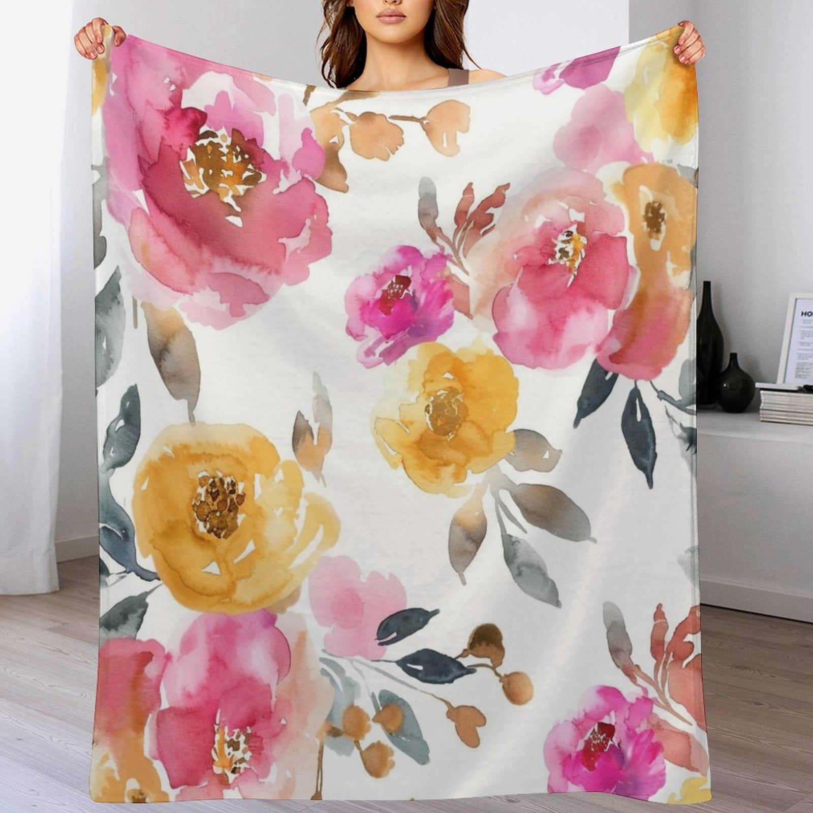 Chic Yellow Pink Floral Watercolor Flannel Fleece Blanket 60"x80" Girly ...