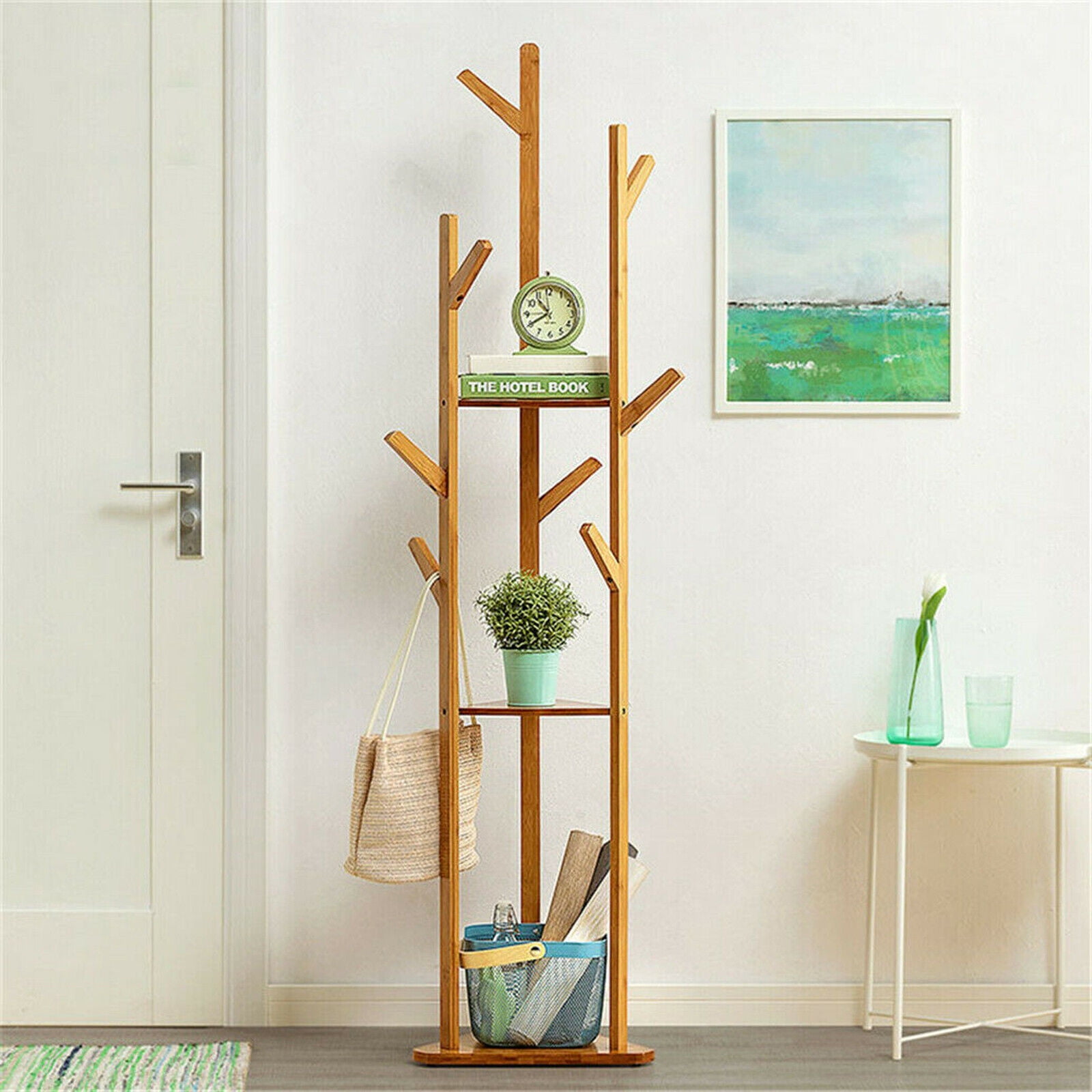 ChicCrest Bamboo Free Standing Coat Rack - With 10 Hooks & 3 Shelves ...