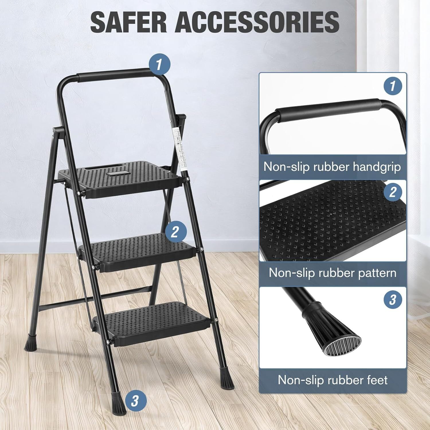 ChicCrest Black 3 Step Ladder Folding Step Stool with Anti-Slip Wide ...