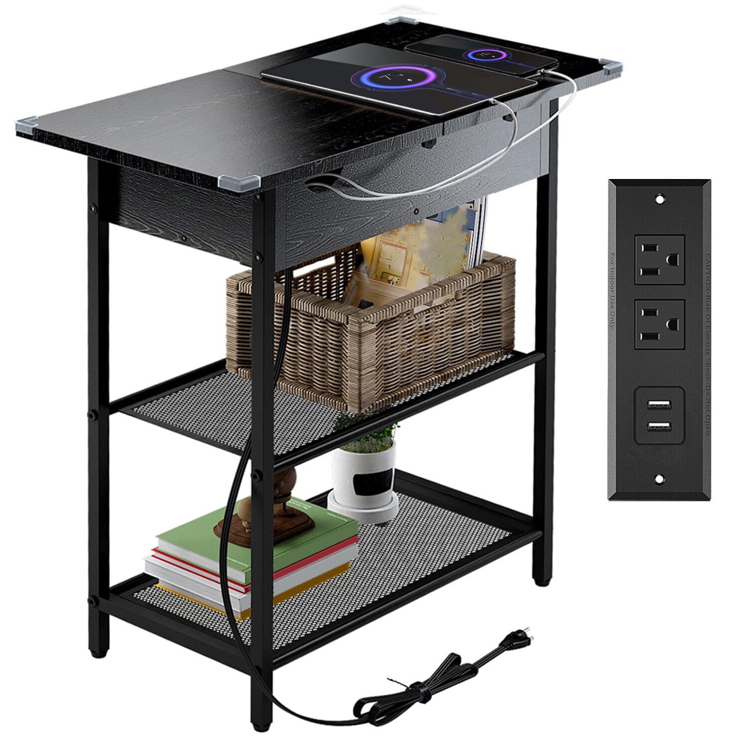 ChicCrest Charging Side Table: 2 USB, 2 Outlets, 6.5ft Cord. 4 Wheels ...