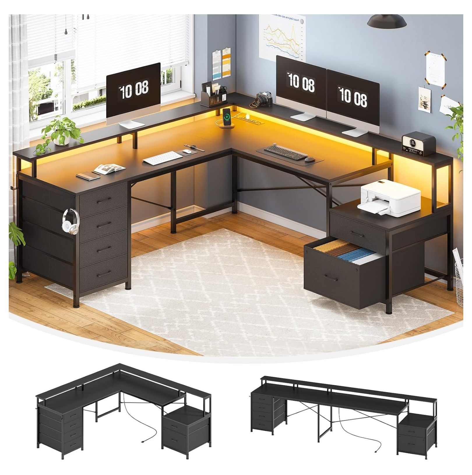 ChicCrest L Shaped Desk with 6 Drawer, 108" Home Office Desk with File ...