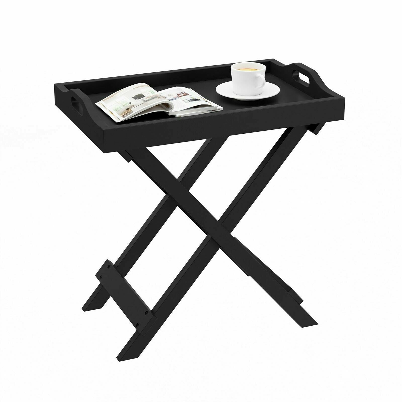 ChicCrest Matte Black Wooden Folding End Table with Removable Tray Top ...