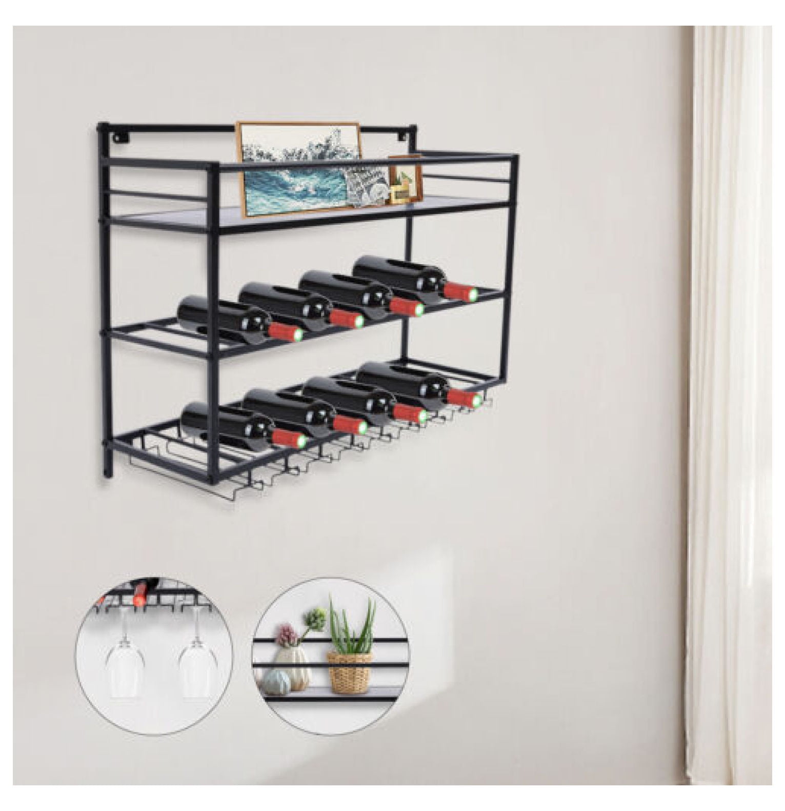 ChicCrest Wine Rack Wall Mounted Metal Wine Shelf with Bottle Stemware ...