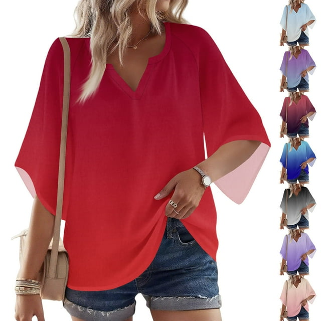 ChicHaven Cute Summer Tops for Women 3/4 Sleeve Dressy Casual V Neck ...