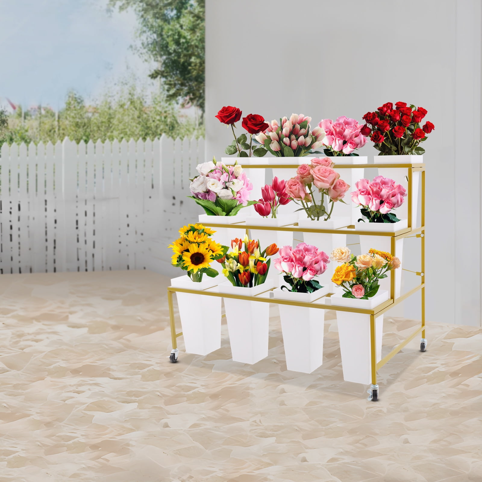 ChicHomey Flower Display Stand,3-Tier 12-Bucket Flower Display Stand with Wheel,Ventilated ...
