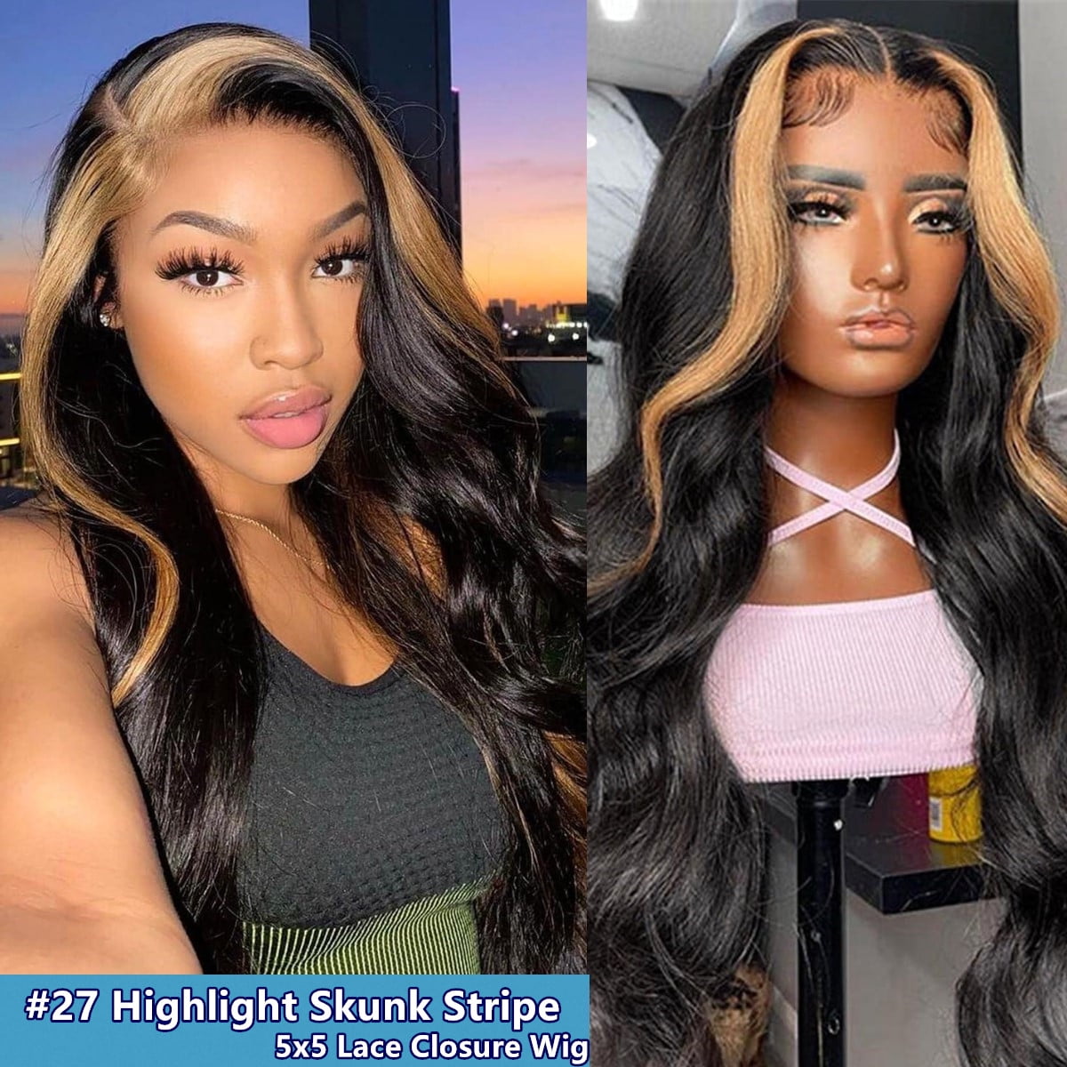 ChicRosa #27 Highlight Skunk Stripe Wigs Human Hair Ombre Blonde Lace ...