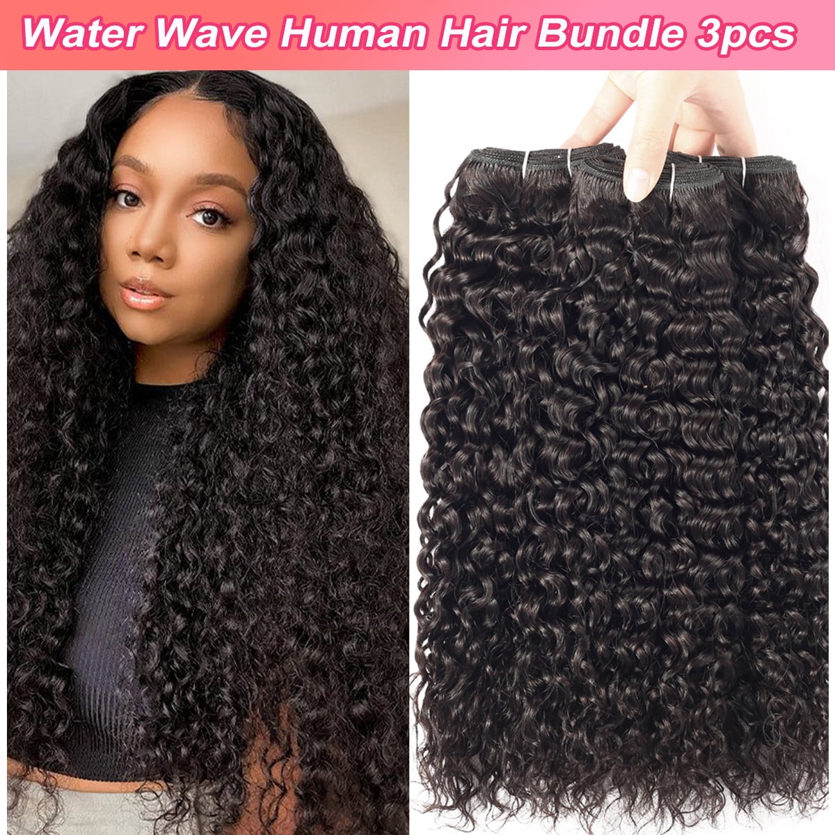 ChicRosa Natural Black Water Wave Curly Human Hair 4 Bundles Set 3A ...
