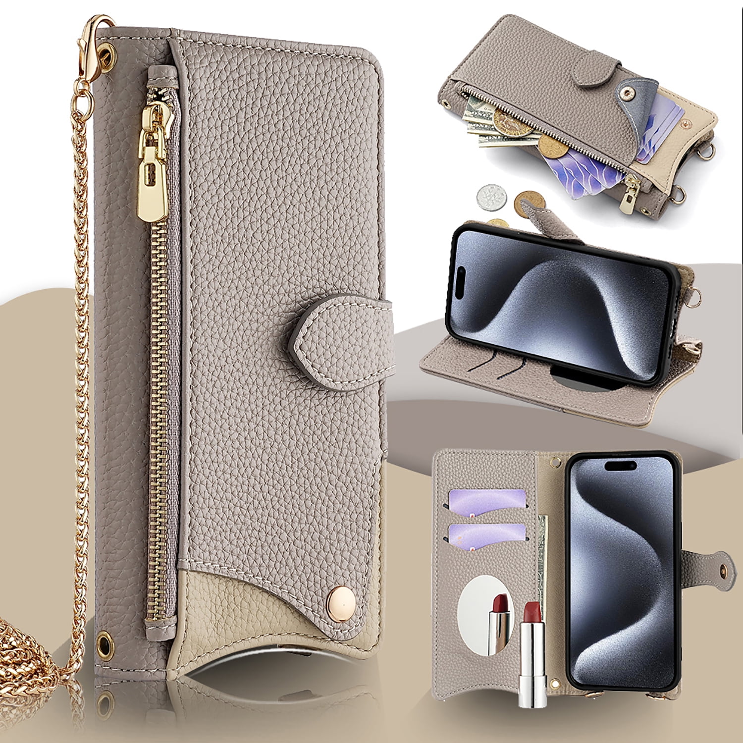 ChicShell Metal Crossbody Strap Wallet Case for Apple iPhone 14 Pro Max, Makeup Mirror + Cards ...