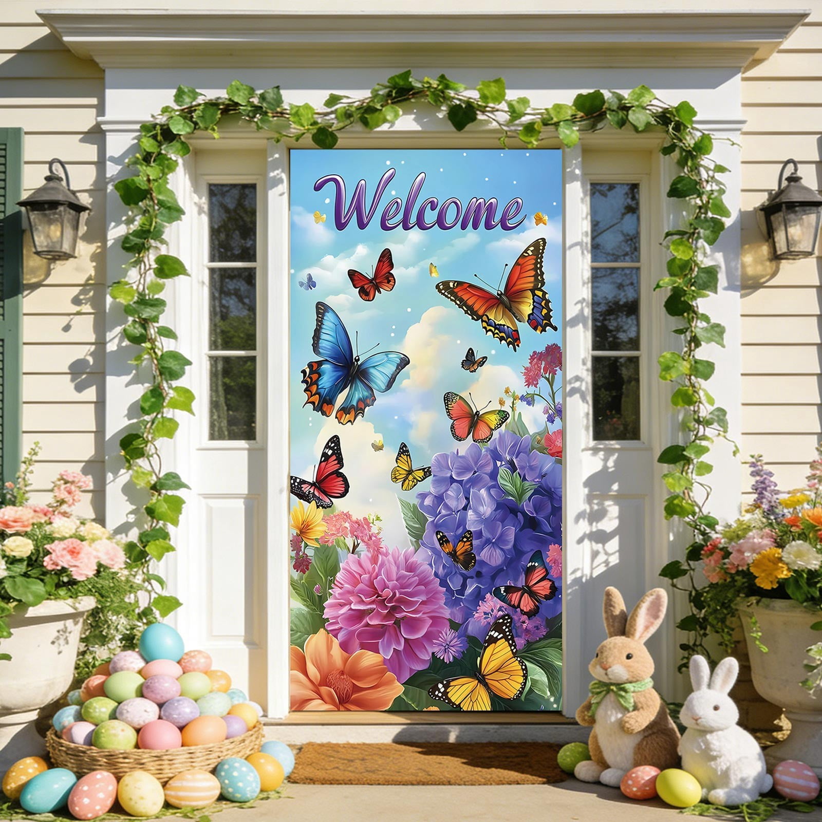 ChicYu 35×71in Easter Door Cover Egg Bunny Pattern Holiday Door Curtain ...