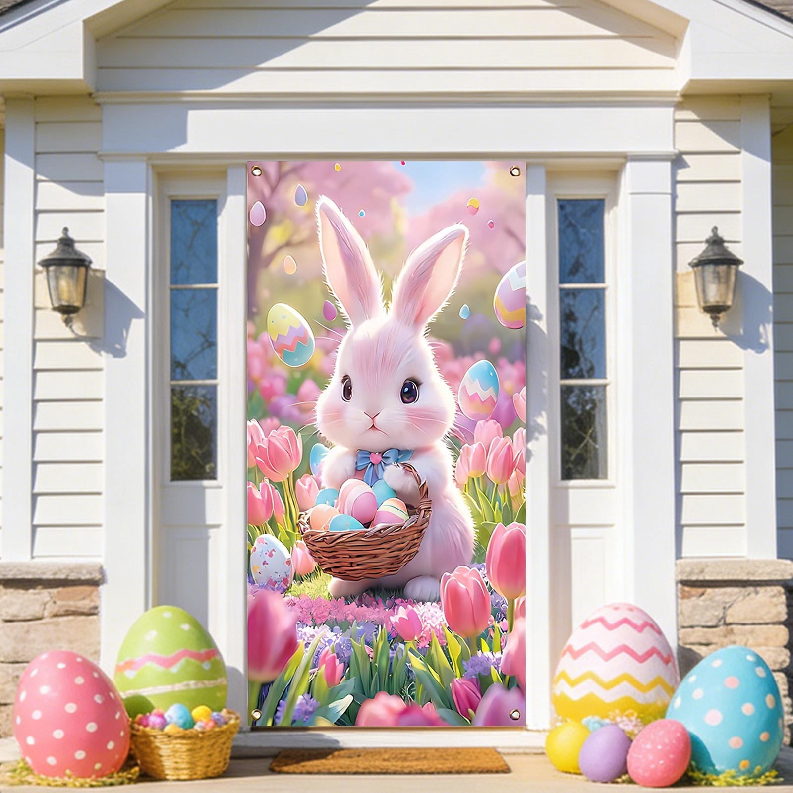 ChicYu 35×71in Easter Door Cover Egg Bunny Pattern Holiday Door Curtain ...