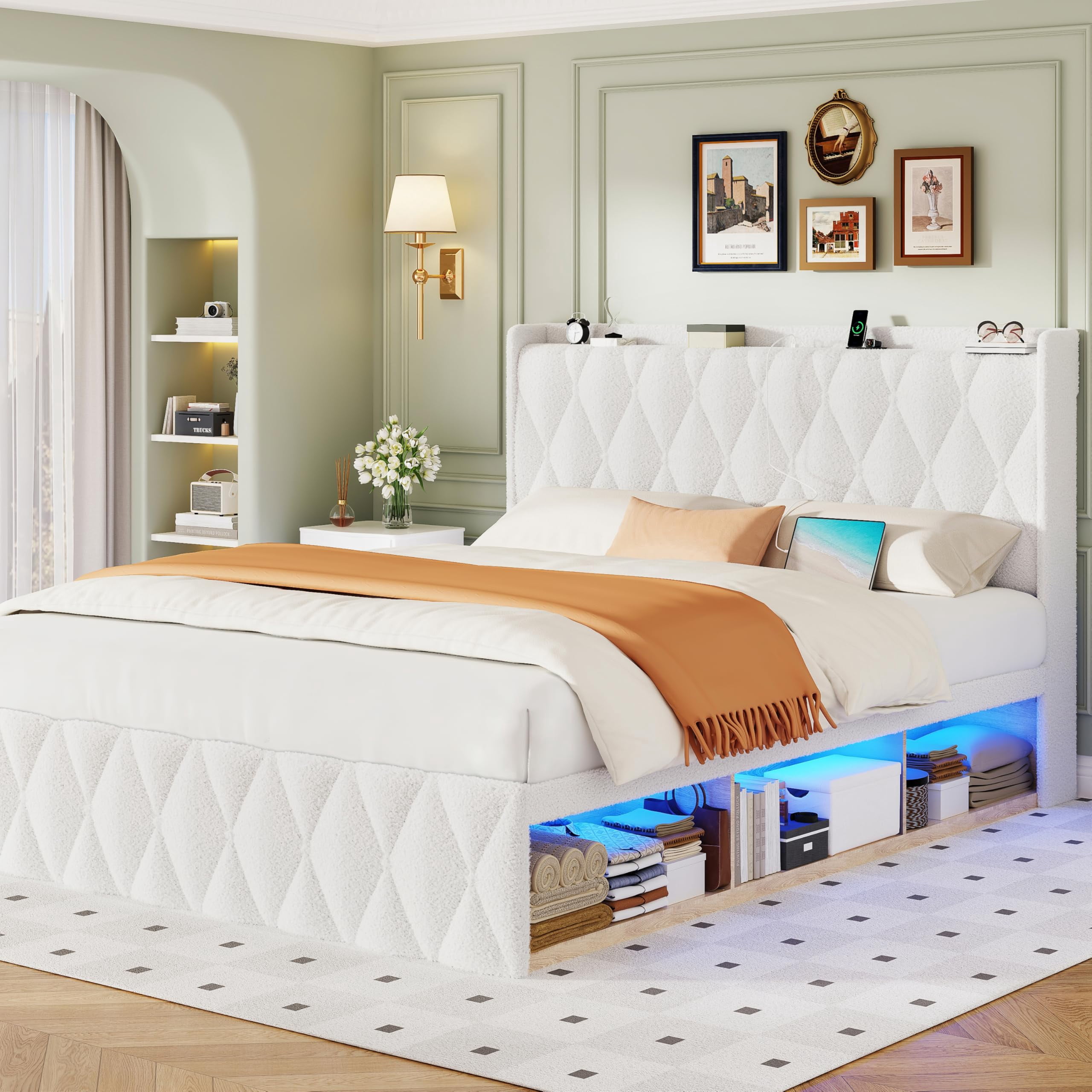 ChicZhiNest Queen Size Soft Cloud Bed Frame with LED Lights & Charging ...