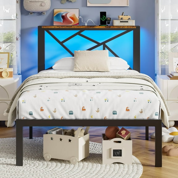 Bed Frame with Lights, Storage Headboard and Station, Wooden Slats, No ...