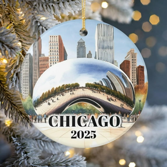 Chicago 2025 Round Ceramic Ornament, City Skyline and Iconic Silver ...