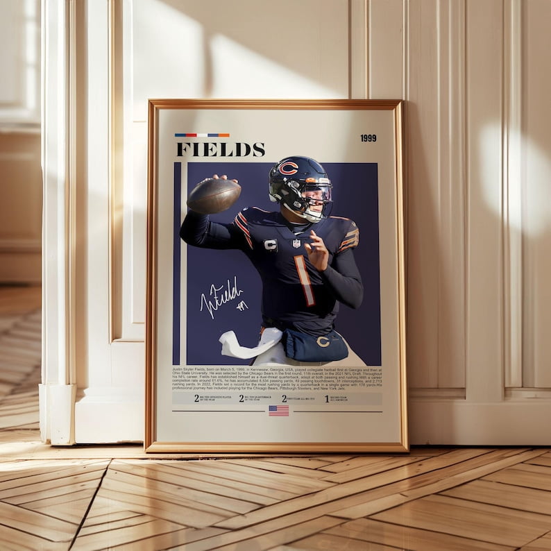 Chicago Bears Quarterback Justin Fields Wall Art with Career Stats and ...