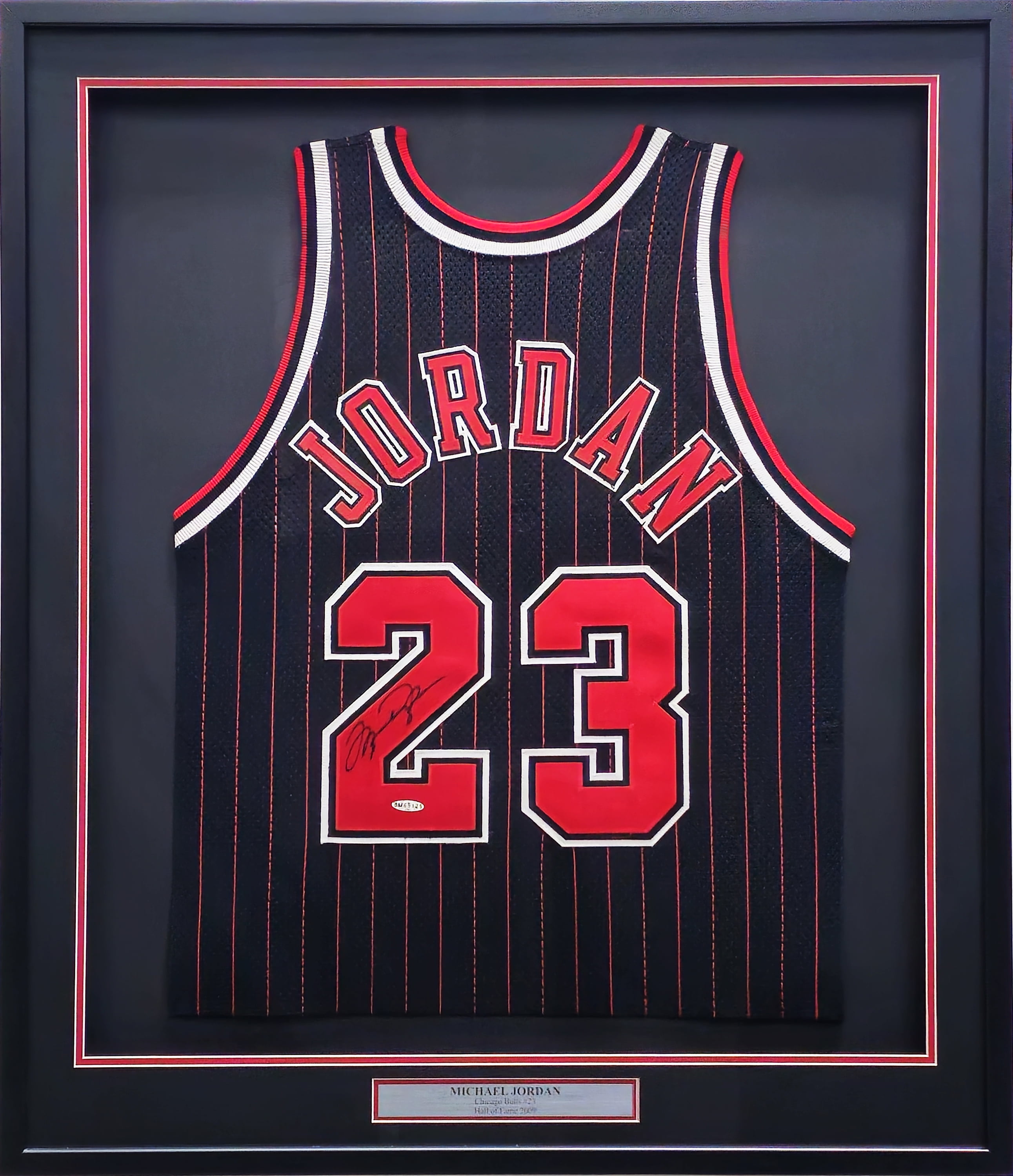 Chicago Bulls Michael Jordan Autographed Framed Black & Red Pinstripes Champion Jersey Beckett ...