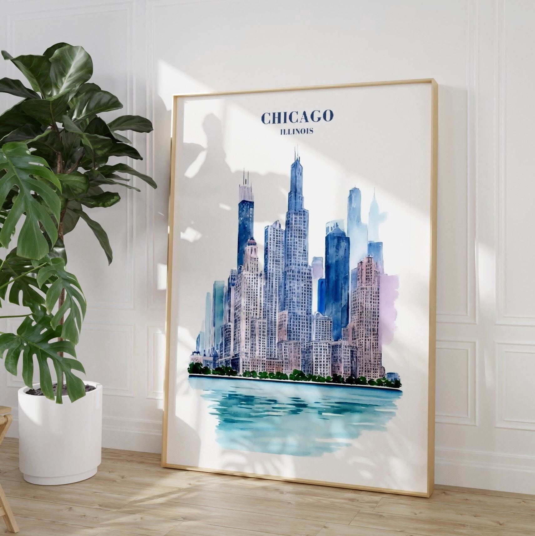Chicago City Travel Print Art Pink Blue Chicago Travel Print Trendy ...