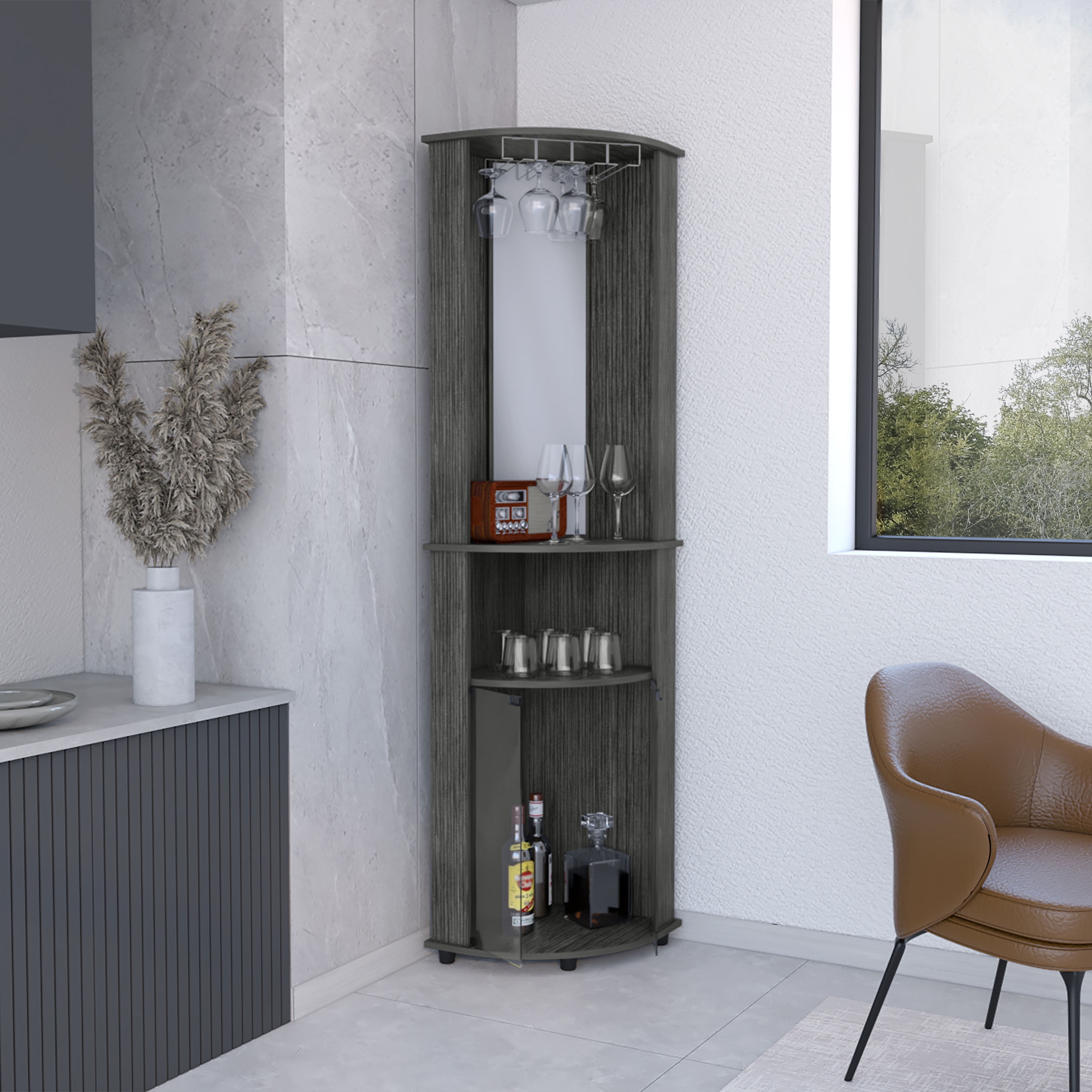 Chicago Corner Bar Cabinet,Rack,Glass Door,Light Gray Engineered Wood ...