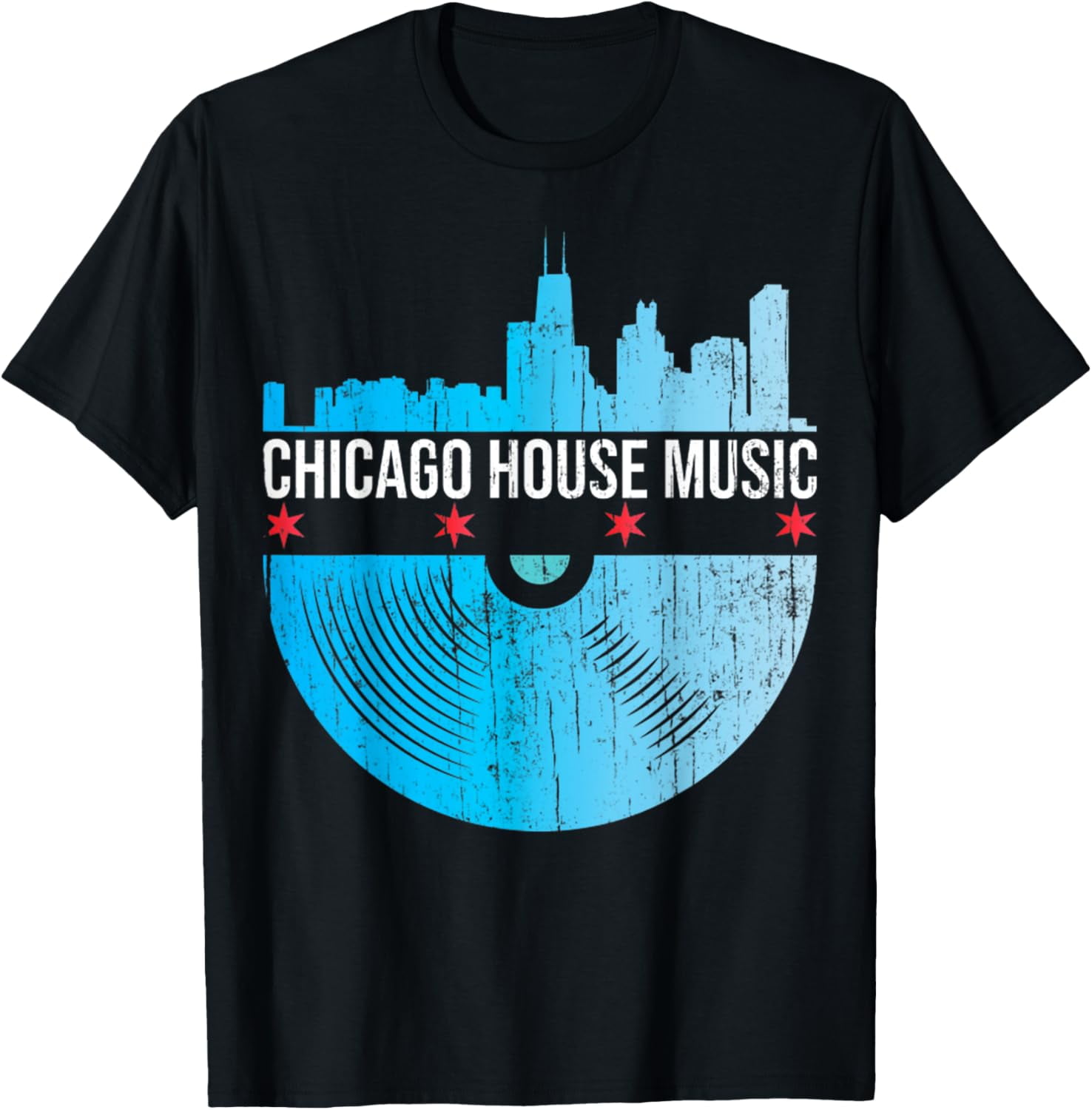 Chicago House Music Vintage Vinyl Dj Raver Flag Skyline T-Shirt ...