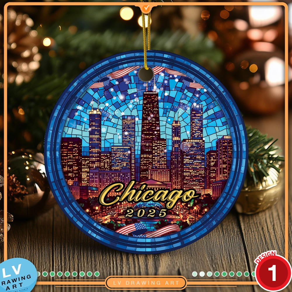Chicago Illinois Cityscape Ornament 2025, Stained Glass Style Skyline ...