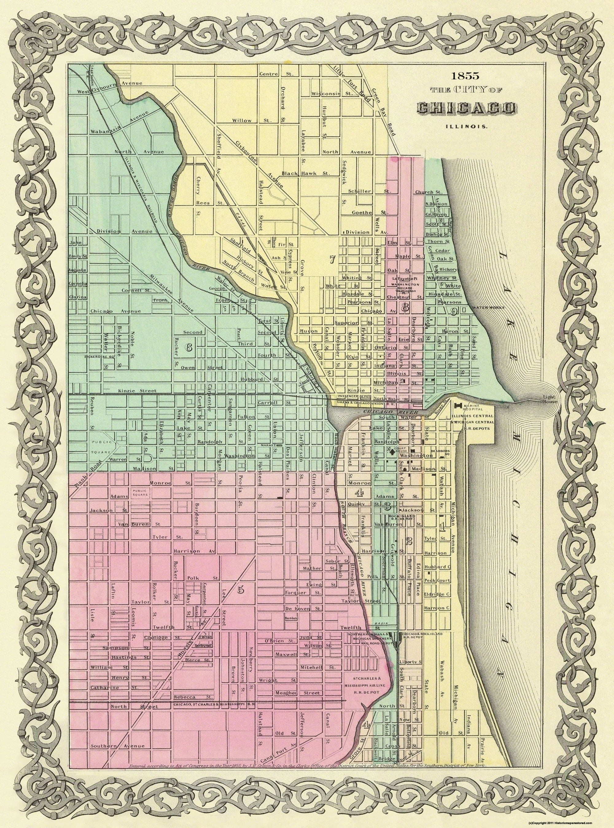 Historic City Map - Chicago Illinois - Colton 1855 - 23 x 31 - Vintage ...