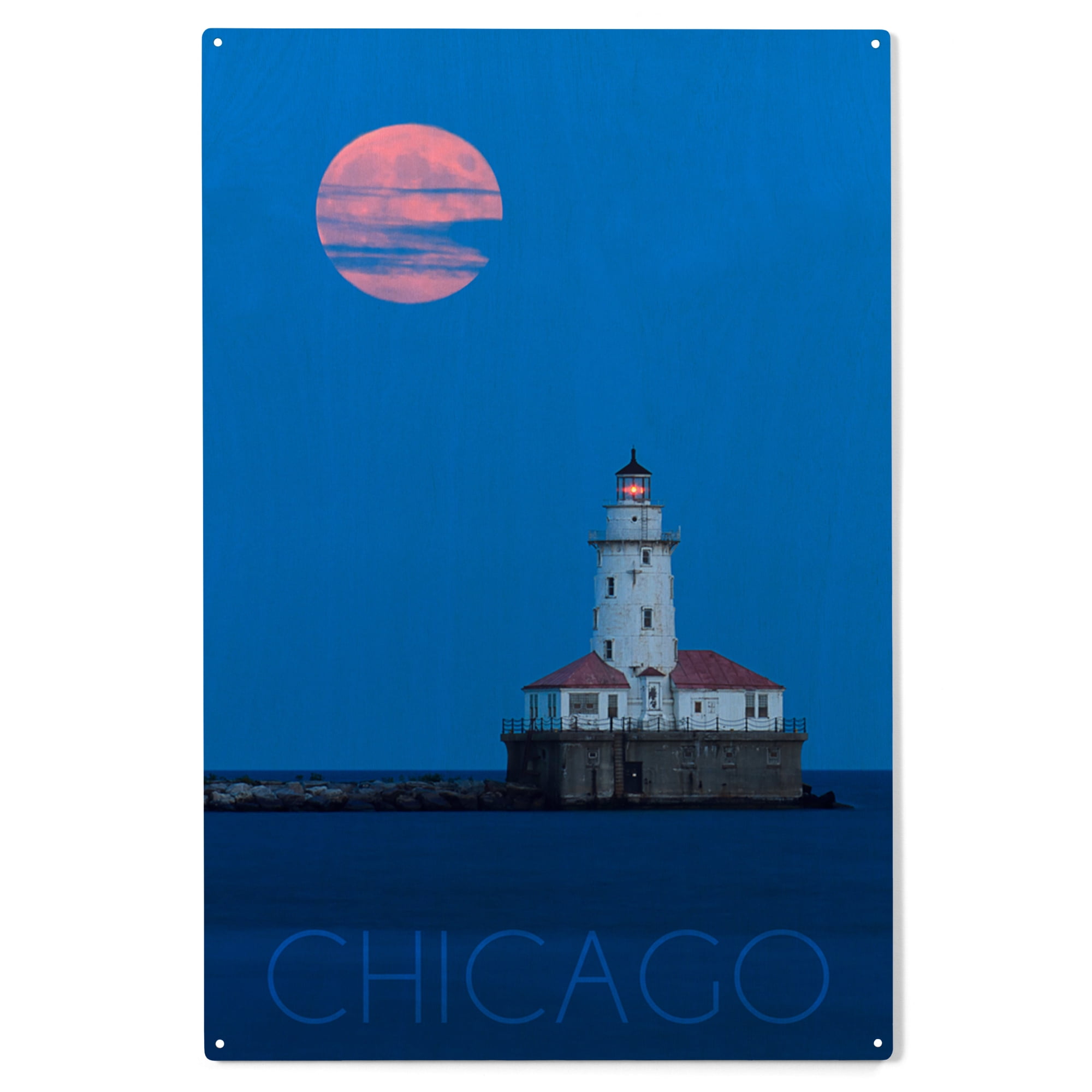Chicago, Illinois, Lighthouse and Moon Birch Wood Wall Sign (10x15 ...