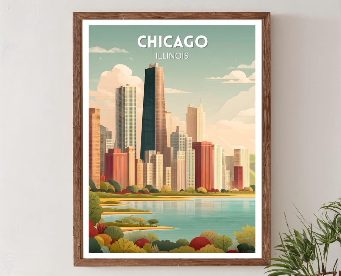 Chicago Illinois Retro Travel Mid Century Modern Vintage Cityscape Art ...