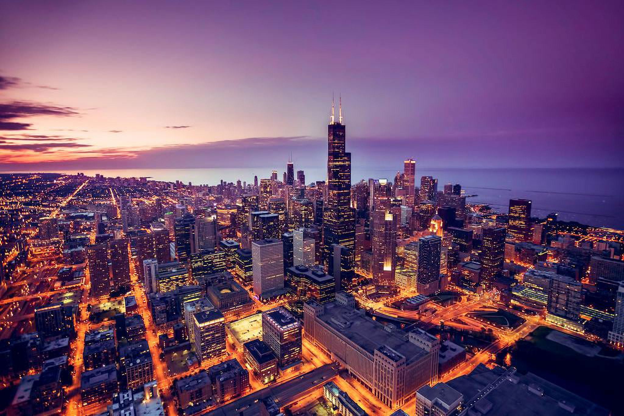 Chicago Illinois Skyline At Sunset Aerial View Willis Tower City Photo ...