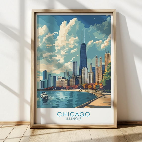 Chicago Illinois Skyline Vintage Travel Art Poster Print 16x24 UNFRAMED ...