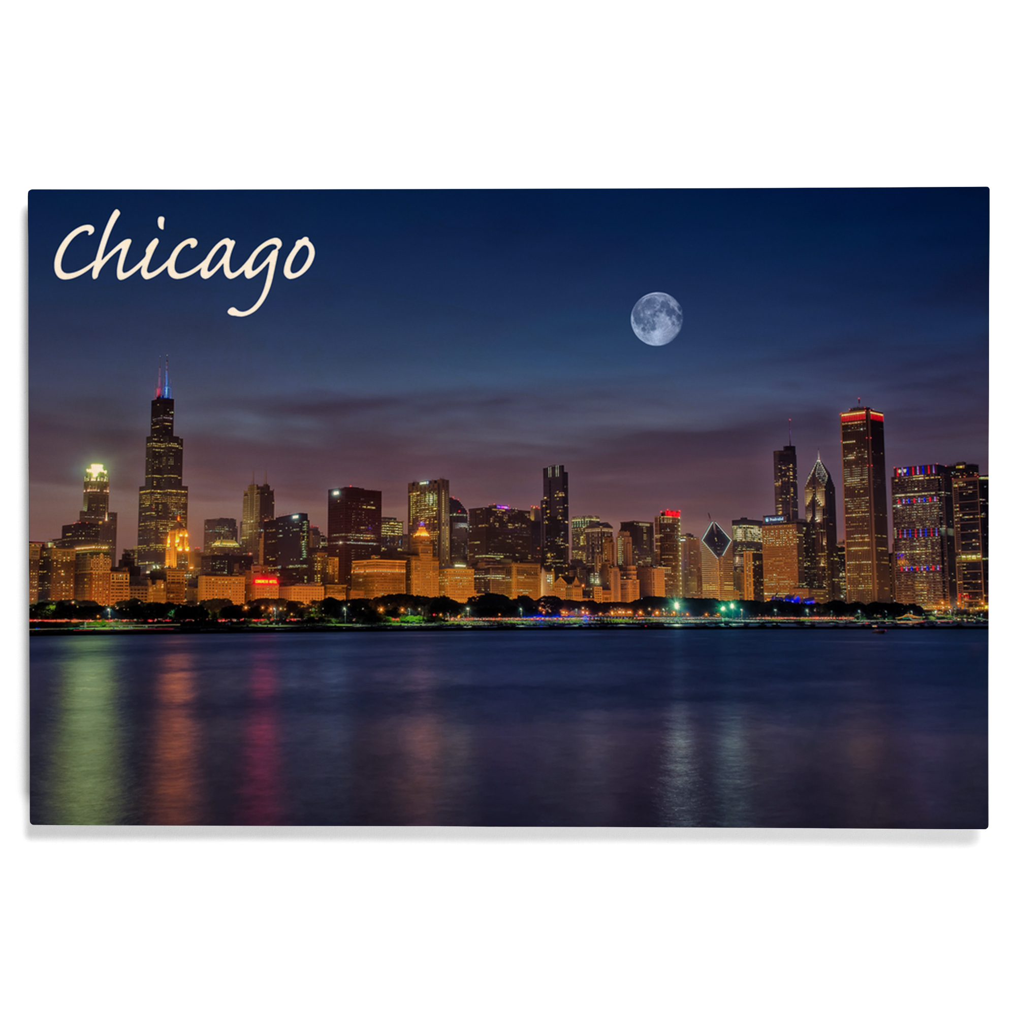 Chicago, Illinois, Skyline at Night Birch Wood Wall Sign (12x18 Rustic ...