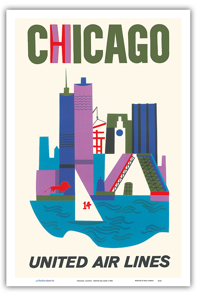 Chicago Illinois - United Air Lines - Vintage Airline Travel Poster c ...