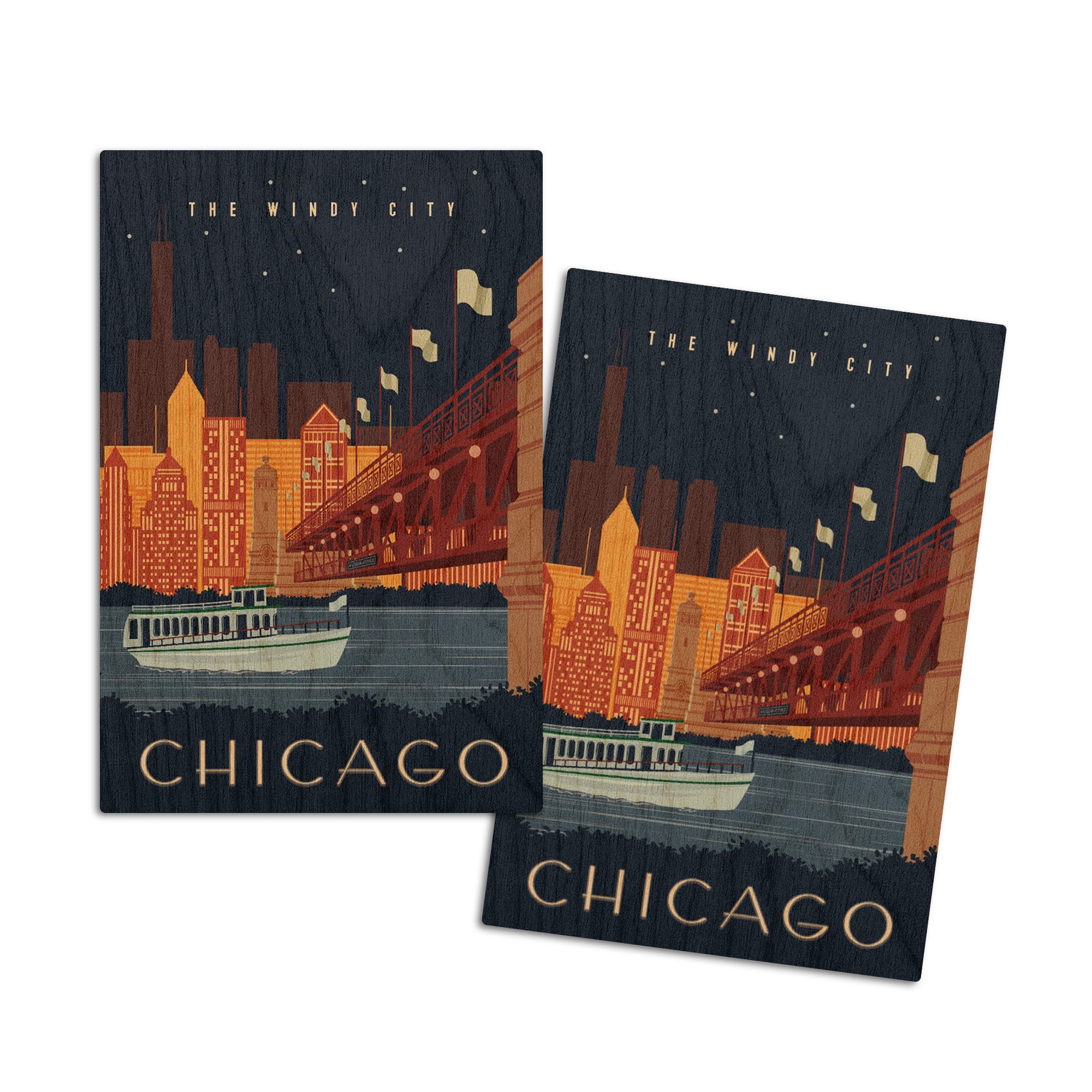 Chicago, Illinois, Vector, Ferry and Skyline Across Water (4x6 Birch ...